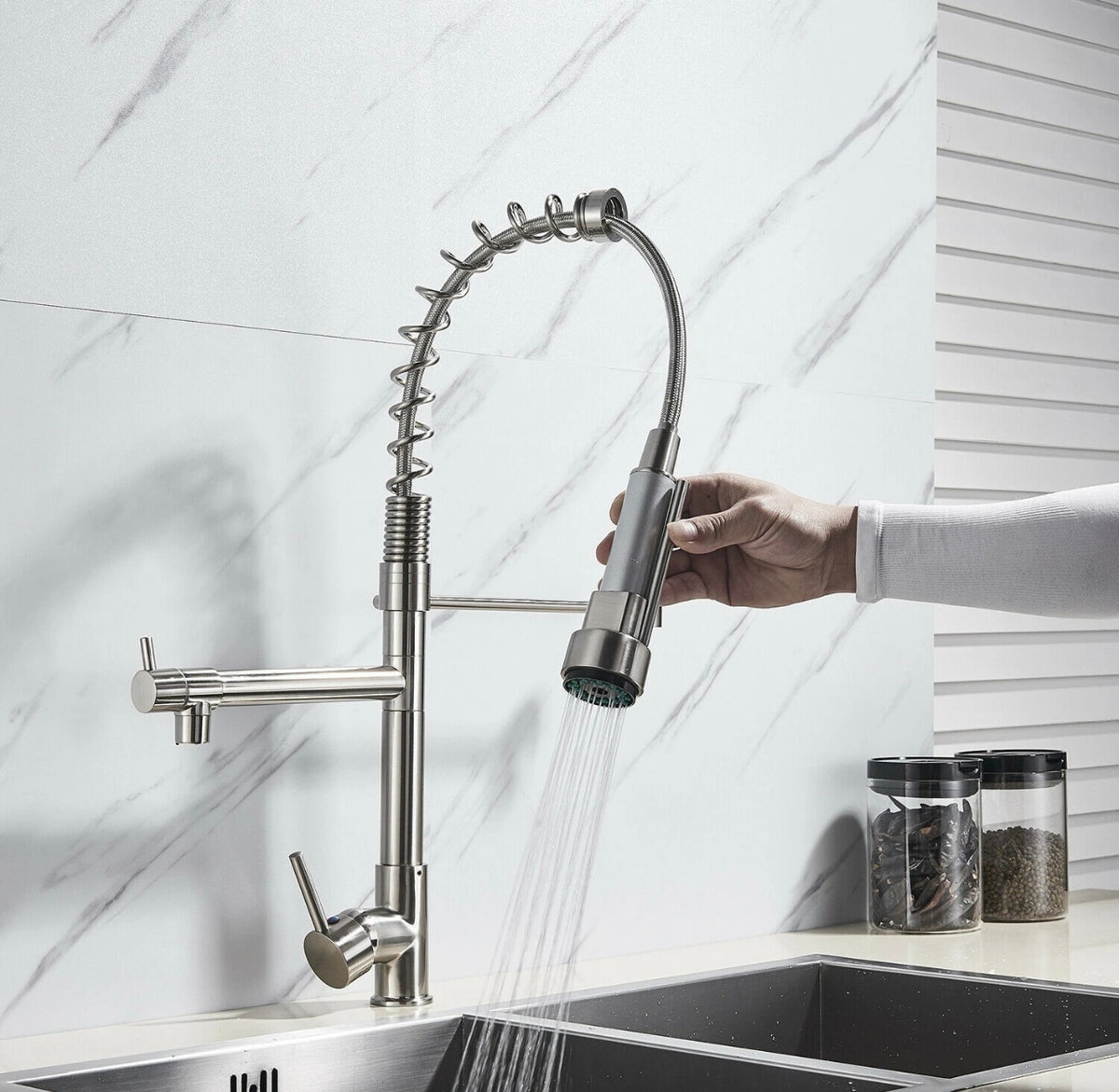 #1560 BRUSHED NICKEL SPRING 2-FUNCTION PULL-DOWN KITCHEN FAUCET – Home ...