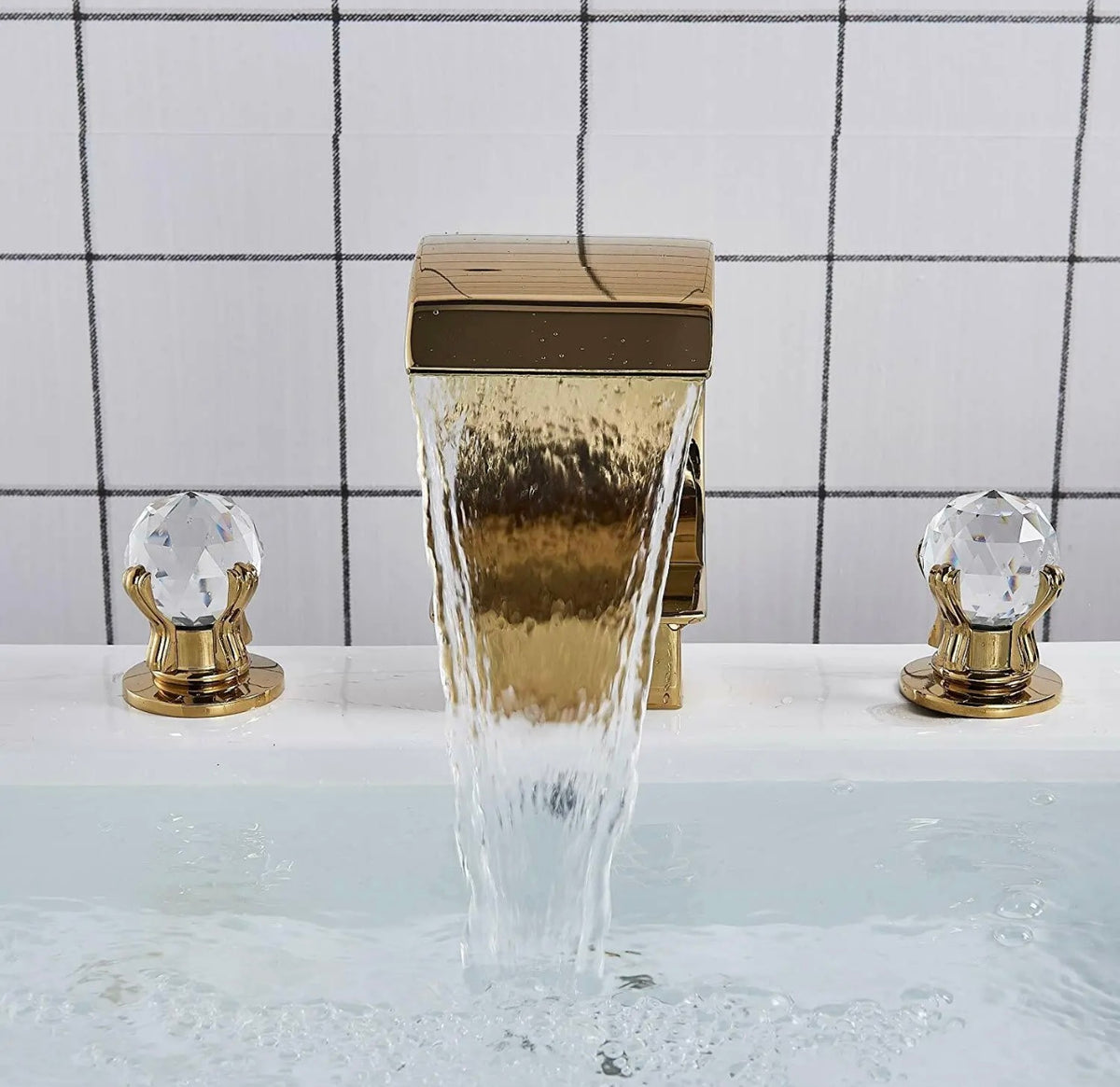 #1421 GOLD 8 INCH WIDESPREAD WITH 2 CRYSTAL KNOBS HIGH ARC WATERFALL V ...