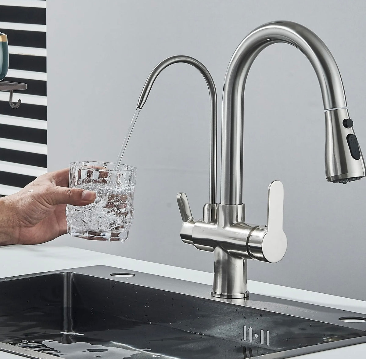 Touch Sensor Kitchen Sink Faucet Pull Down 2 Handle 3 in 1 Water Filte ...